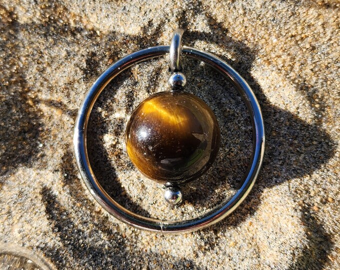 Golden Tigers Eye Orbit Pendant - Stainless Steel - Minimalist Large ...