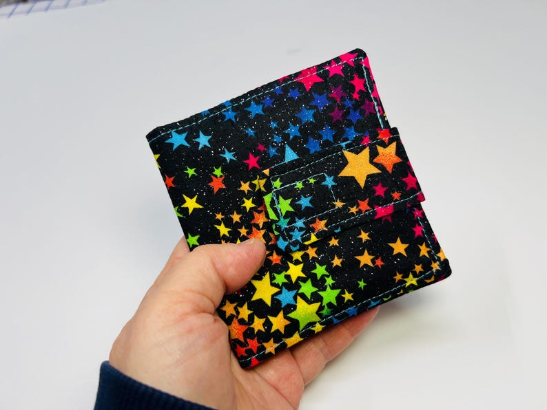 Handmade Cotton Wallet – Rainbow Star Print Bifold – Black Slim Card ...