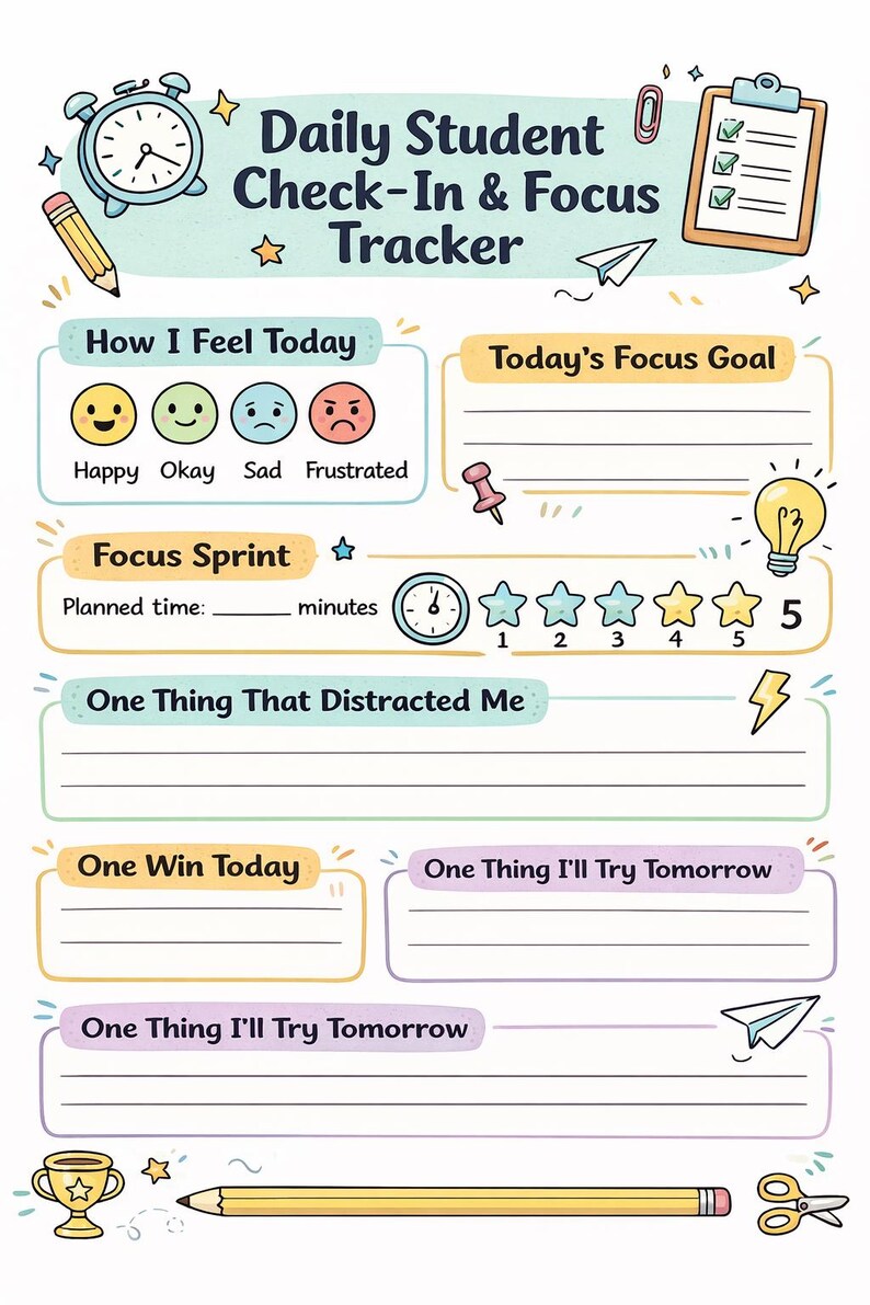 Student Daily Check-in & Focus Tracker | SEL Worksheet | ADHD | Autism ...