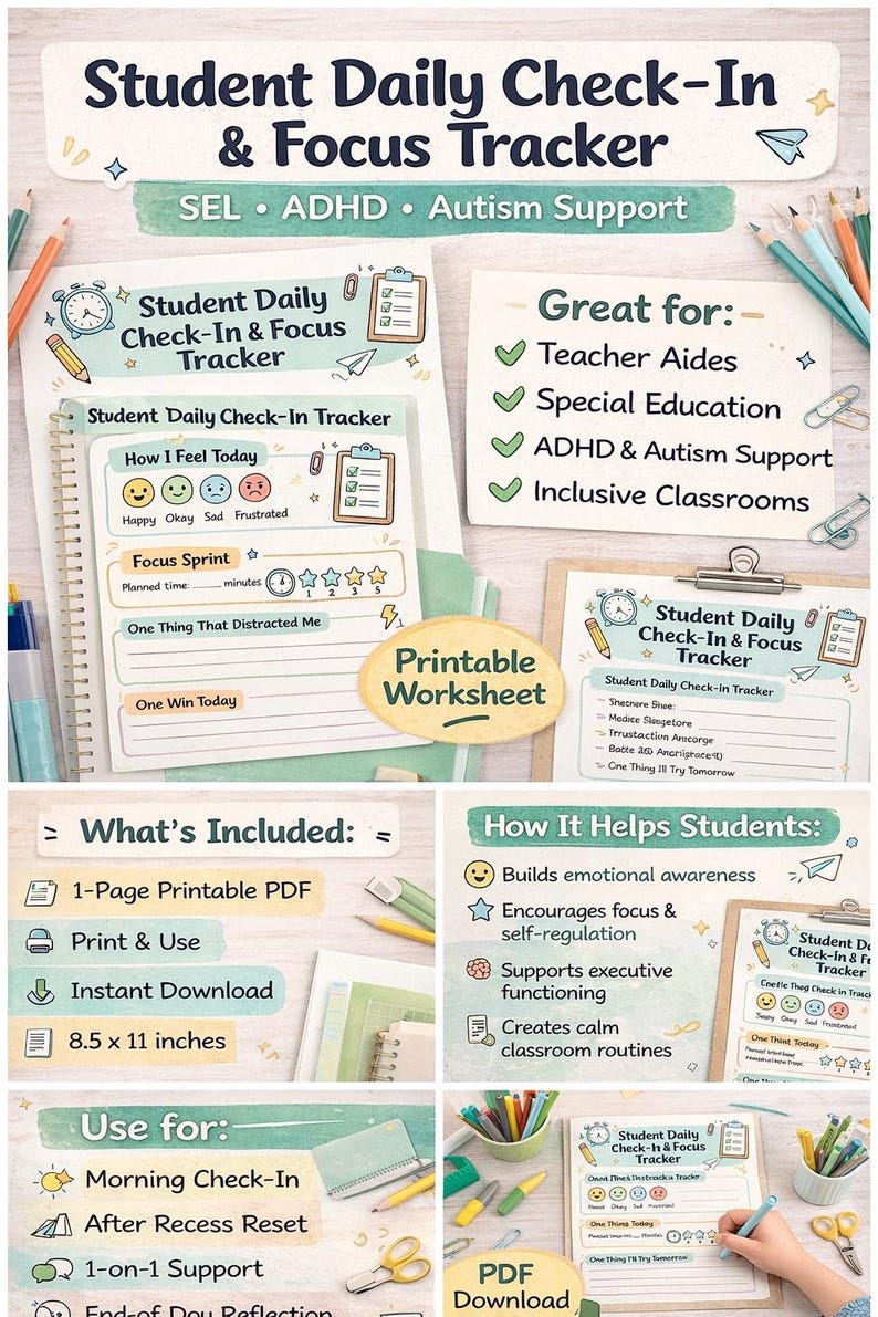 Student Daily Check-in & Focus Tracker | SEL Worksheet | ADHD | Autism ...