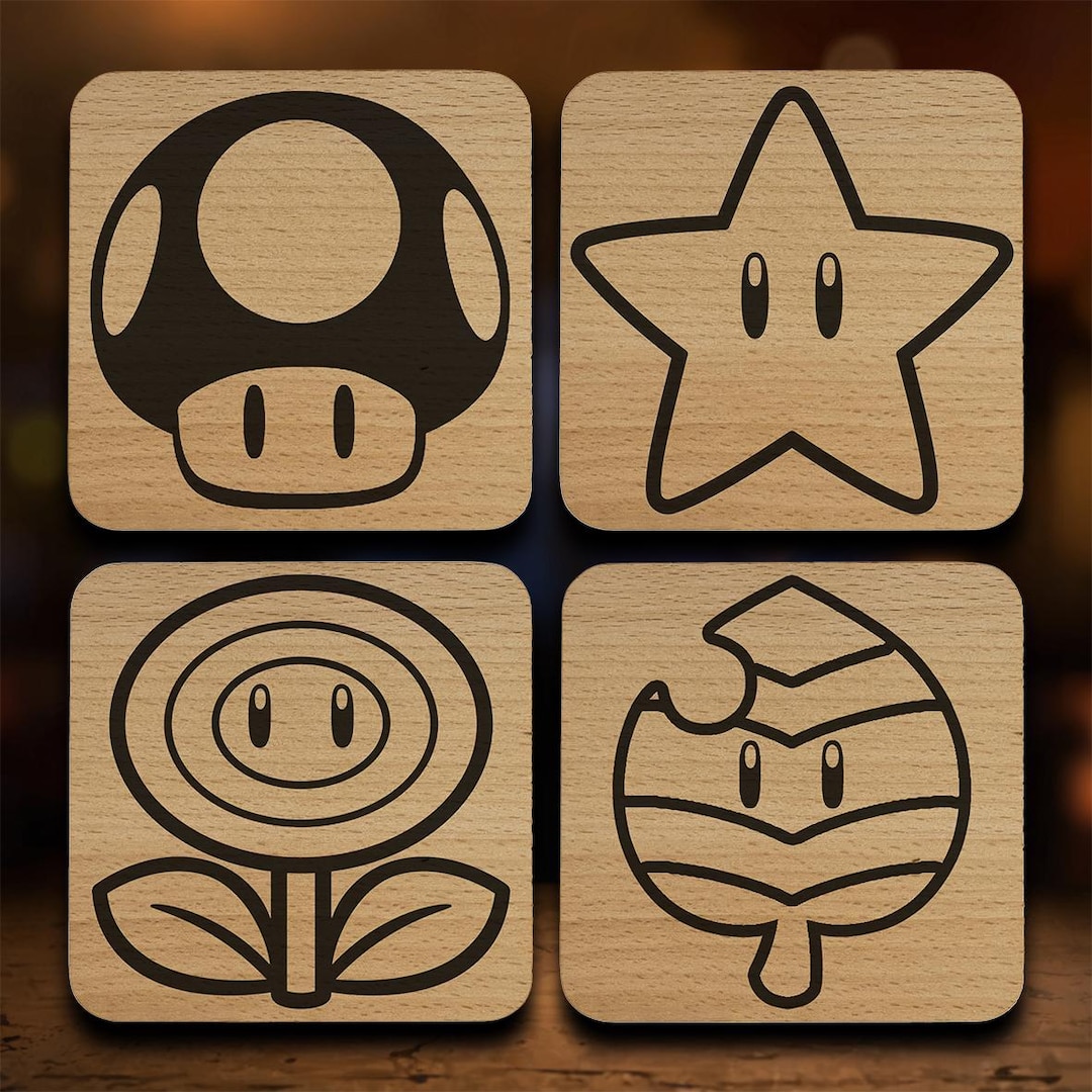 Super Mario Power Ups - Engraved Wooden Coaster - Etsy