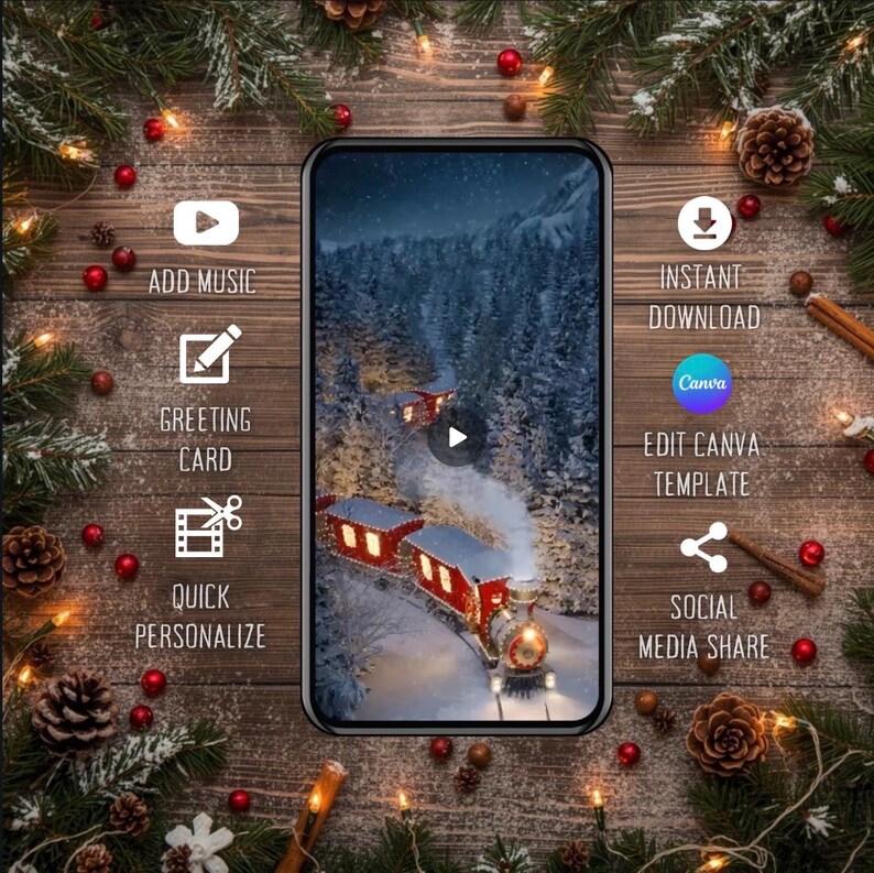 Polar Express Christmas Card: Locomotive Xmas Greeting and Canva Video ...