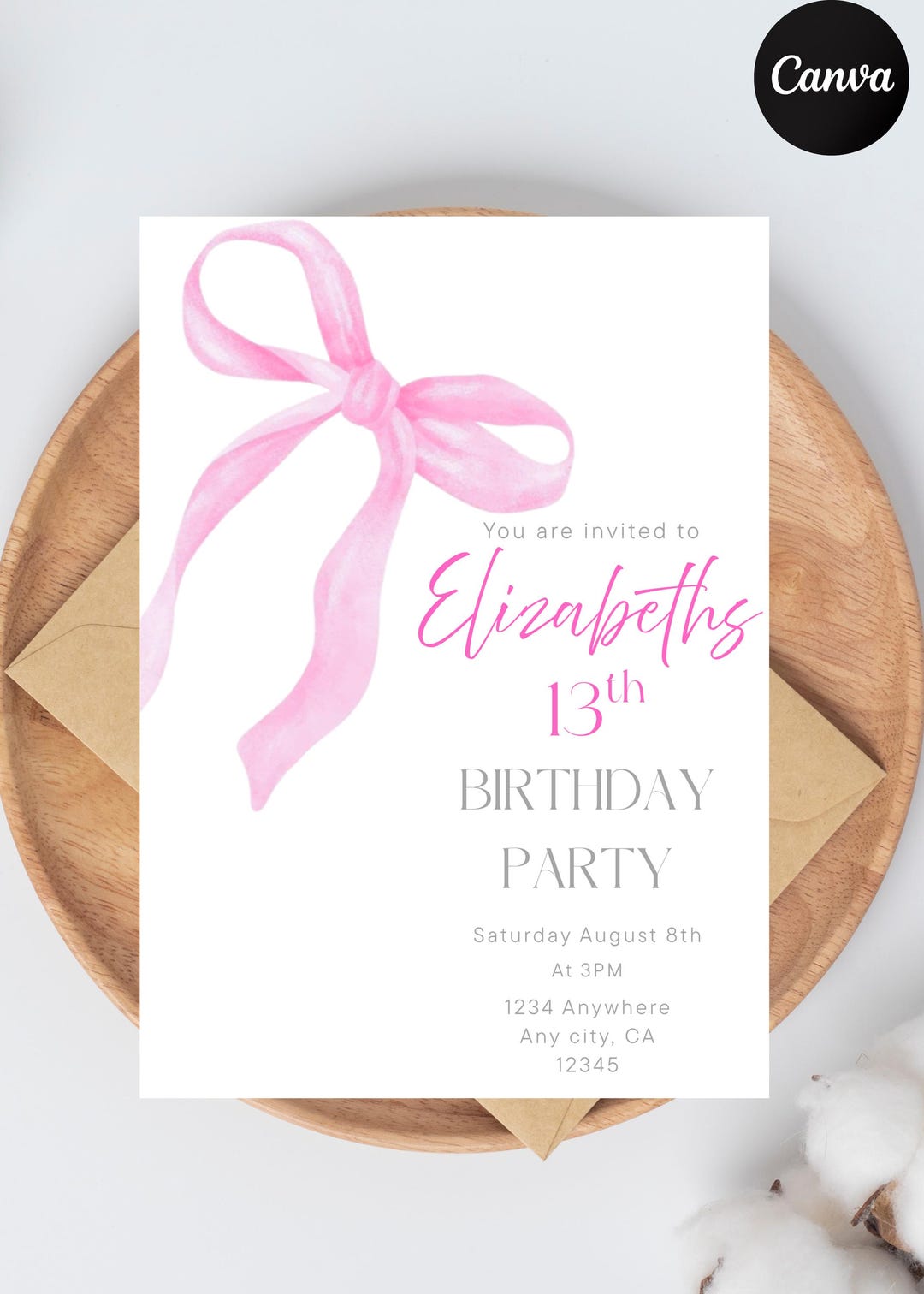 Editable Pink Bow Girls Birthday Party Invitation Editable Digital ...