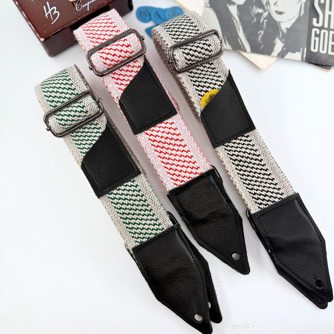 Woven Wide Guitar Strap, Upcycled Leather Double Layer Ends, Leather ...