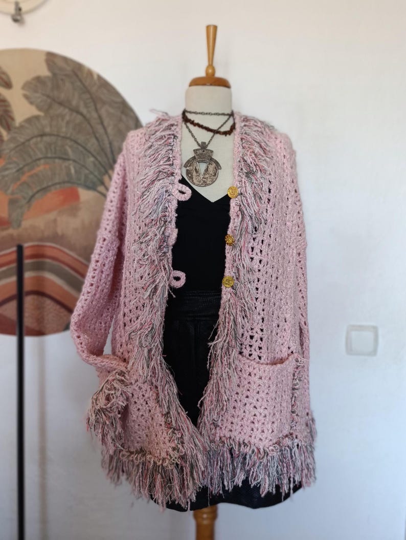 Pink White Silvery Wool Tweed Look Handknit Midi Frilly Jacket Outfit ...