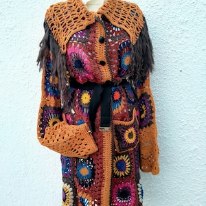 Fringed Colorful Granny Square Handknit Long Cardigan, Lineless Orange ...