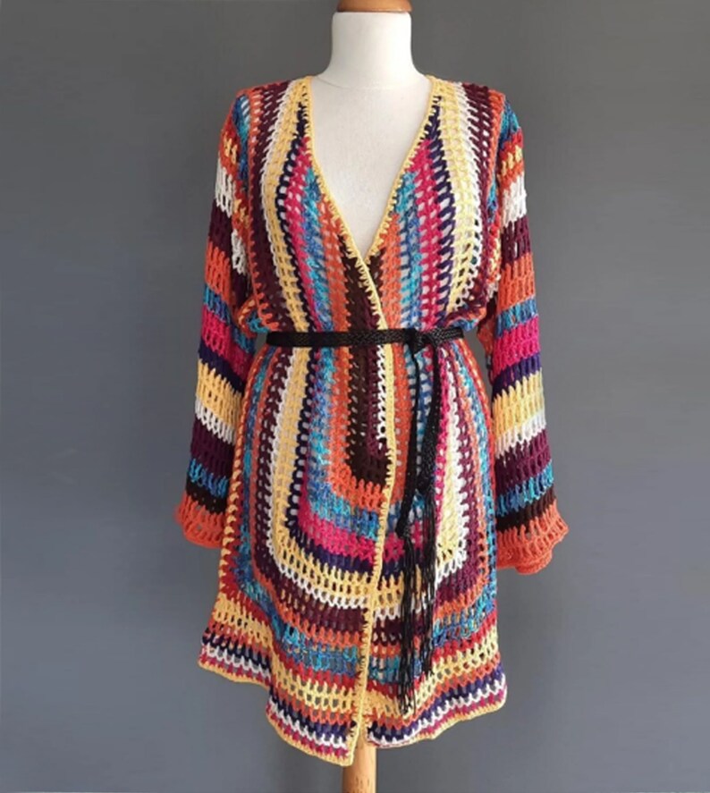 Rainbow Stiped Handknit Long Cardigan, Fall Clothes, Witch Costume ...