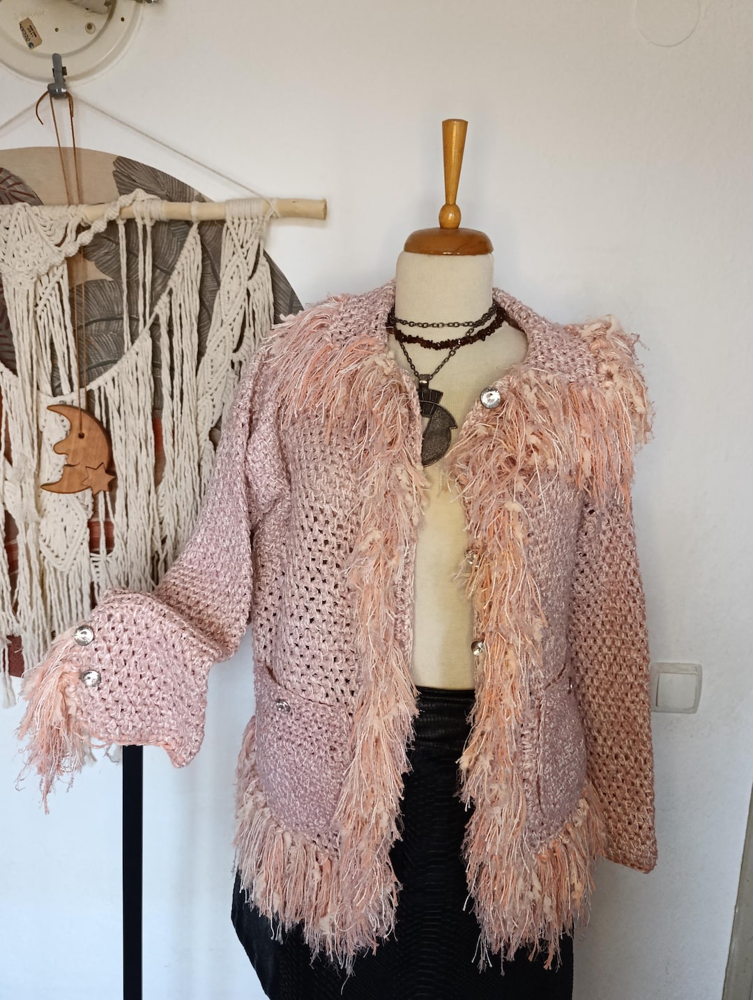 Pink White Silvery Wool Tweed Look Handknit Midi Frilly Jacket Outfit ...