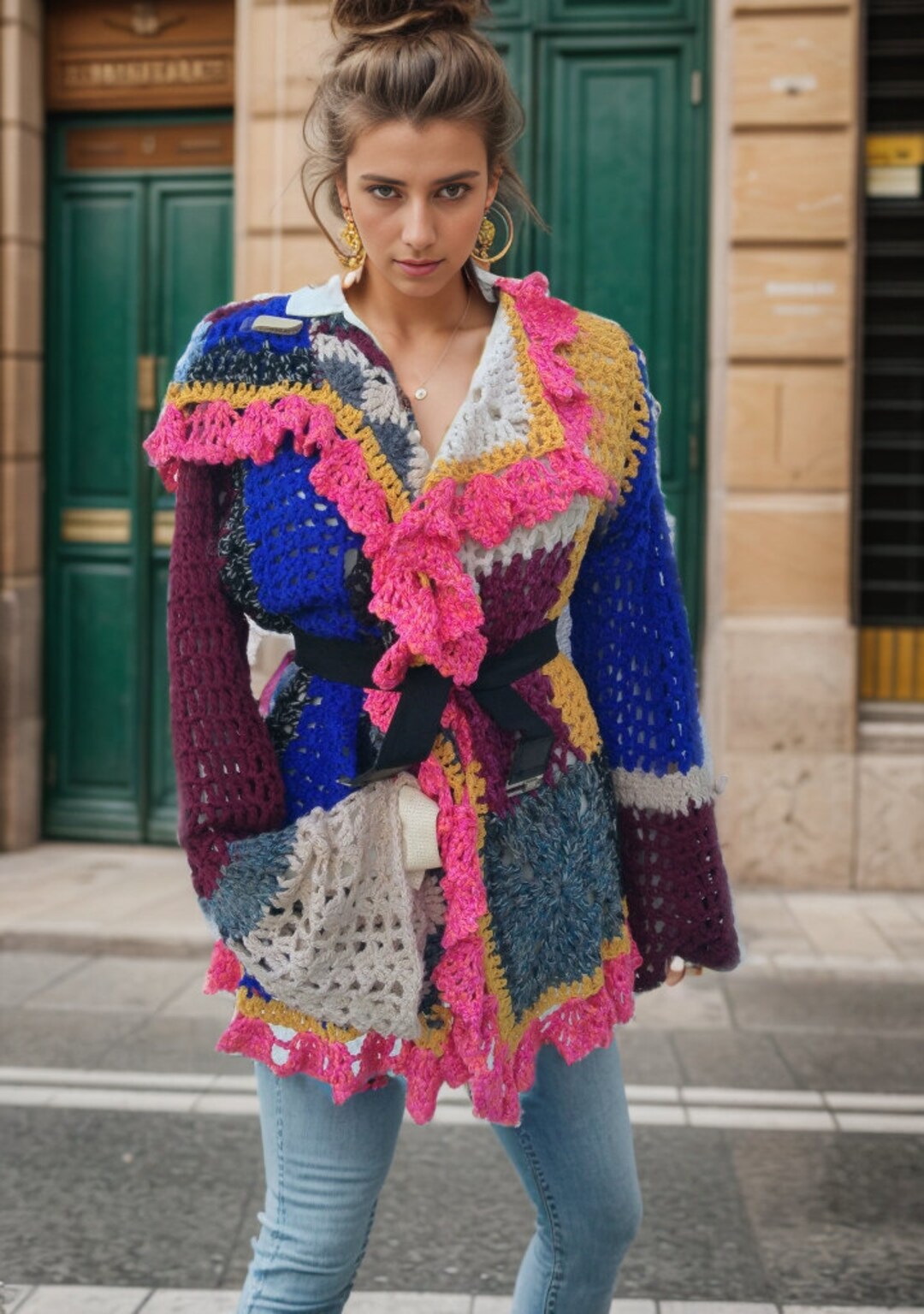 Colorful Patchwork Organic Cotton Handknit Sweater, Boho Chic Vibrant ...