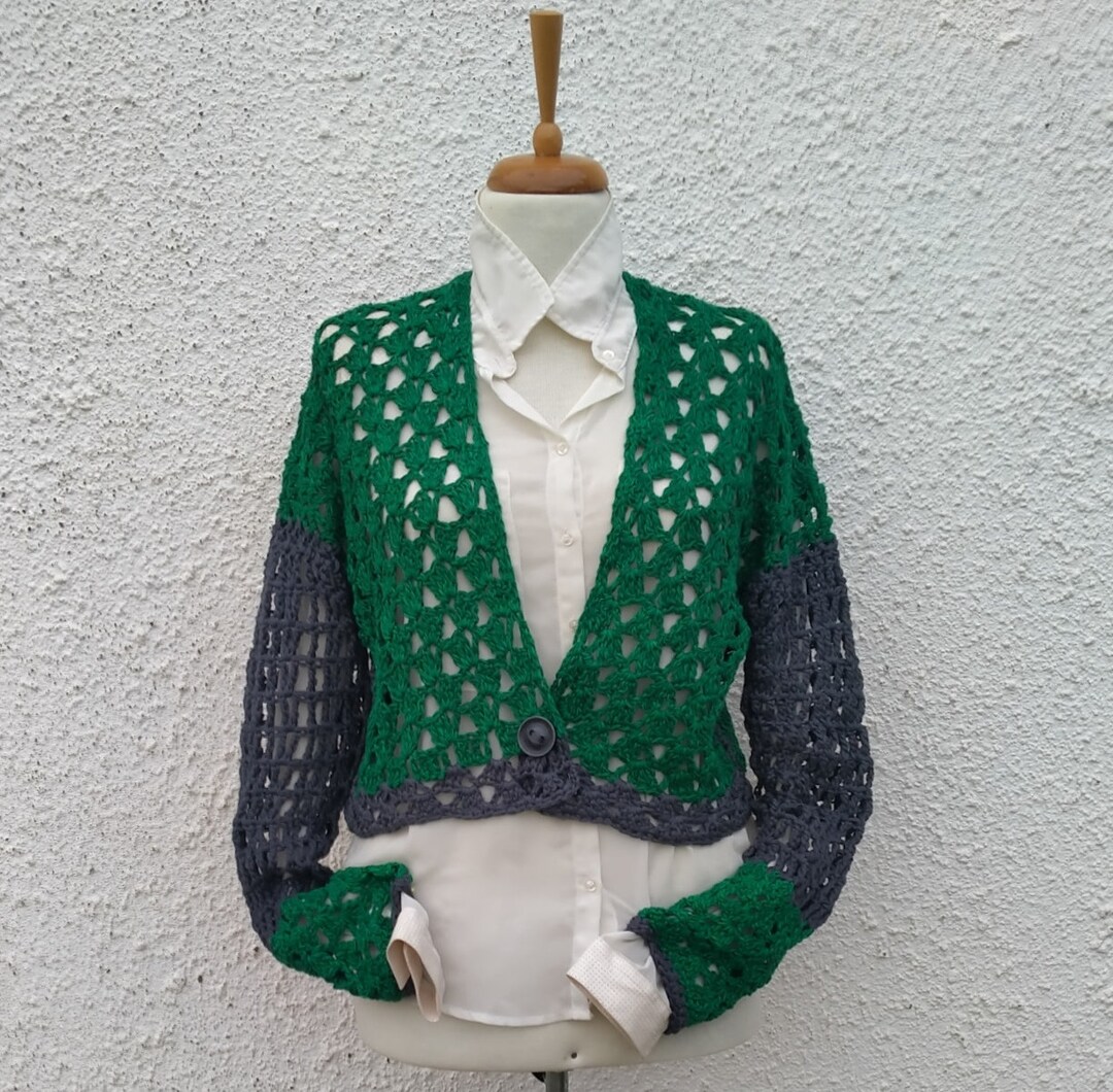 Green Handknit V Neck Cardigan, Vintage Style Sweater, Crochet Sweater ...