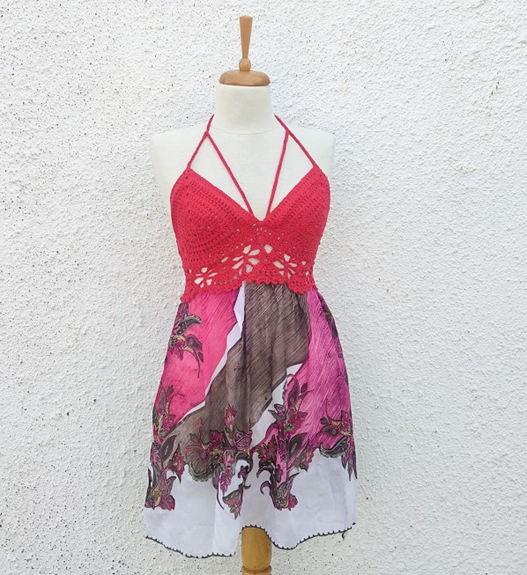 Pink Red Gradient Tulle Crochet Patchwork Ethnic Bra Dress, Bralette ...