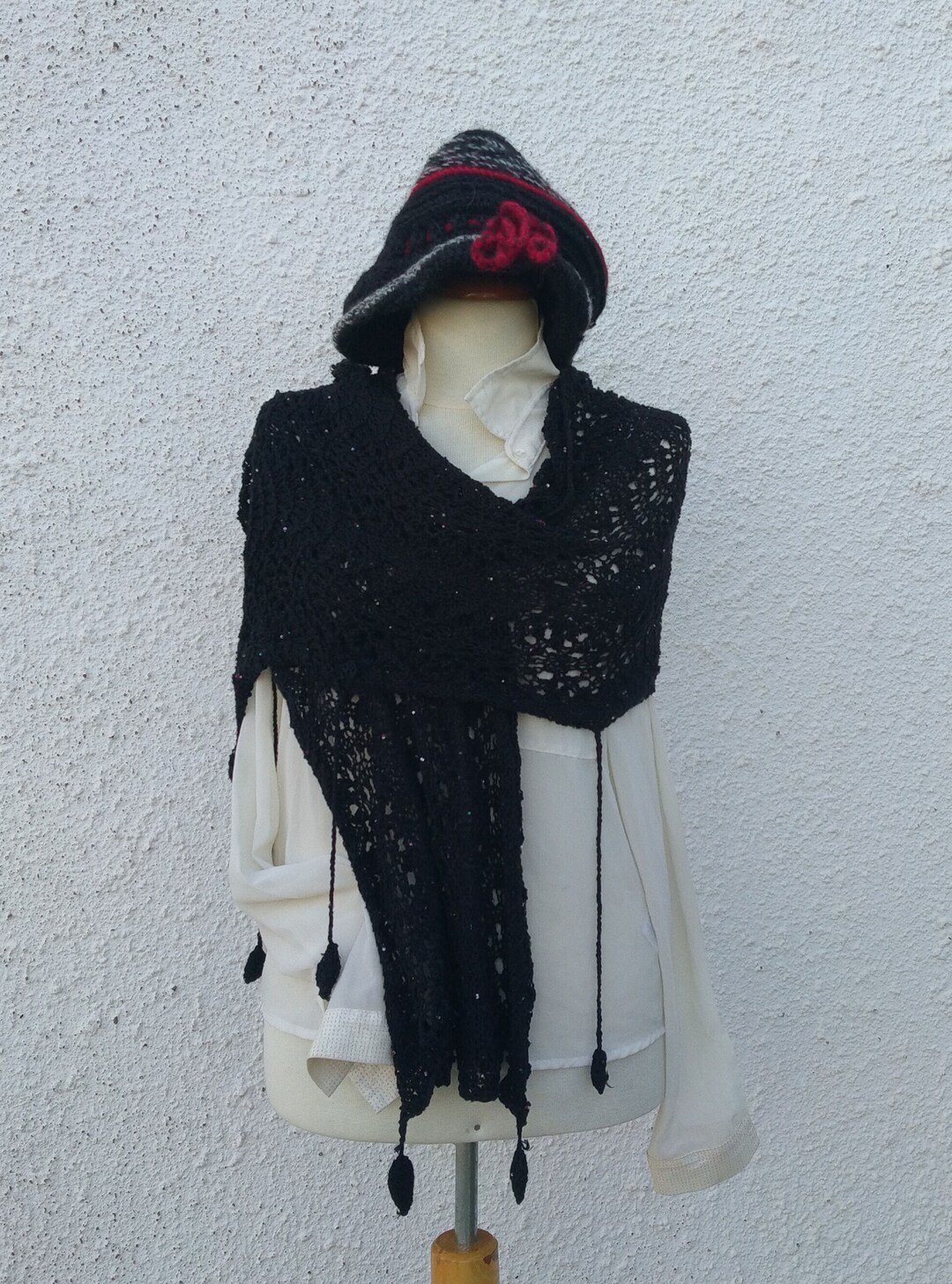 Handknit Reversible Shawl Hat Set: Black Fringed Boho Chic Design - Etsy