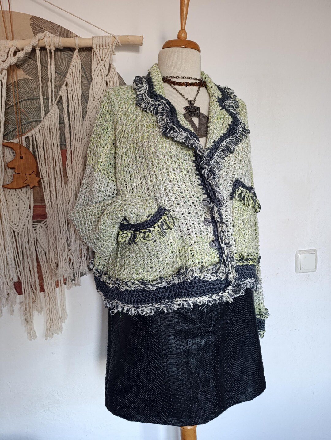 Mint Green and Gray Crinchy Tweed Look Lambswool Handknit Midi Jacket ...