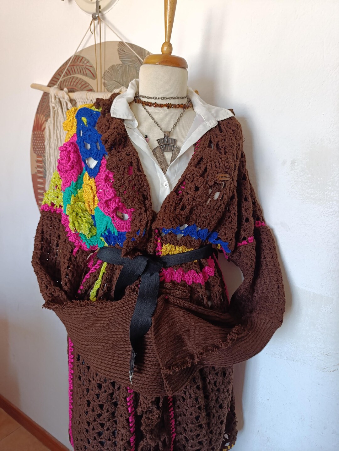 Brown Mohair Soft Feel Handknit Loose Cut Long Cardigan With Flower ...