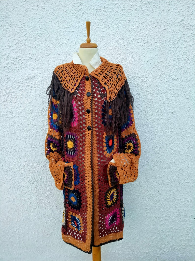 Fringed Colorful Granny Square Handknit Long Cardigan, Lineless Orange ...