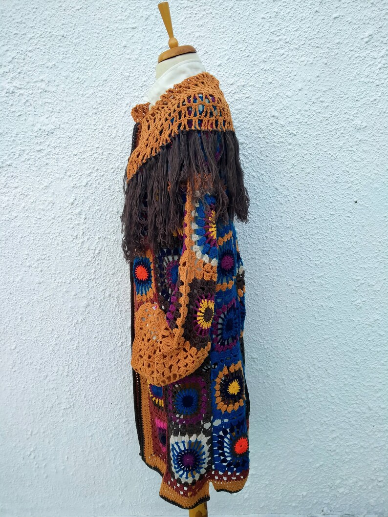 Fringed Colorful Granny Square Handknit Long Cardigan, Lineless Orange ...