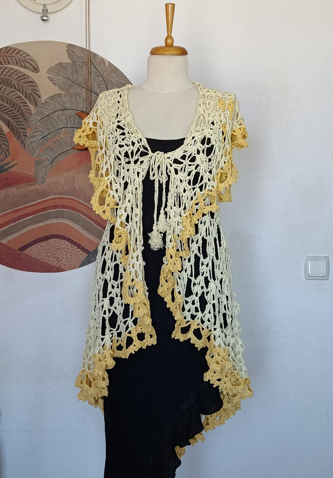 Yellow Beige Long Lace Vest, Seasonal Cardigan, Frilly Vest, Vintage ...