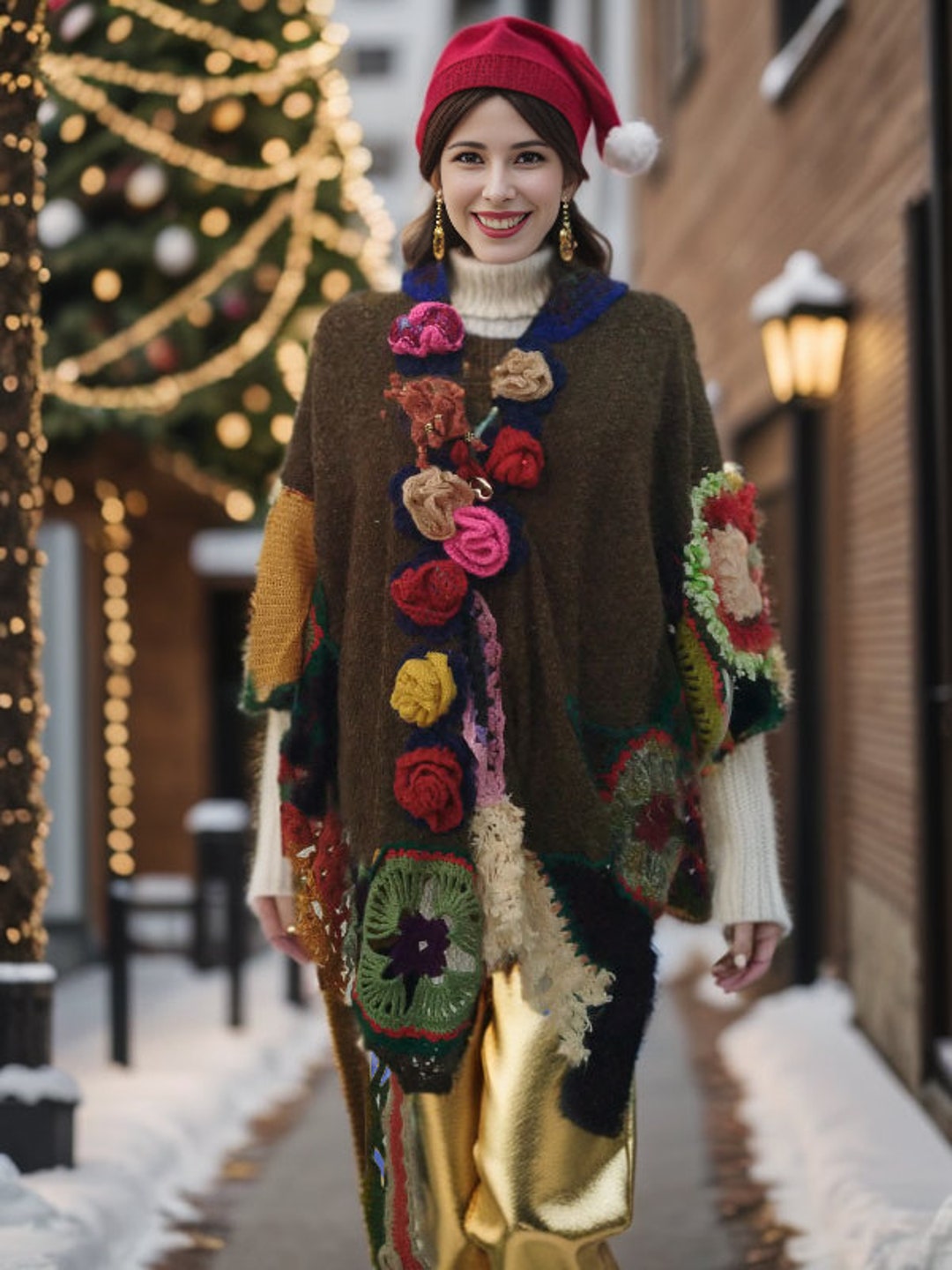 Brown Base Color Handknit Long Poncho Shawl, Seasonal Patchwork Shawl ...