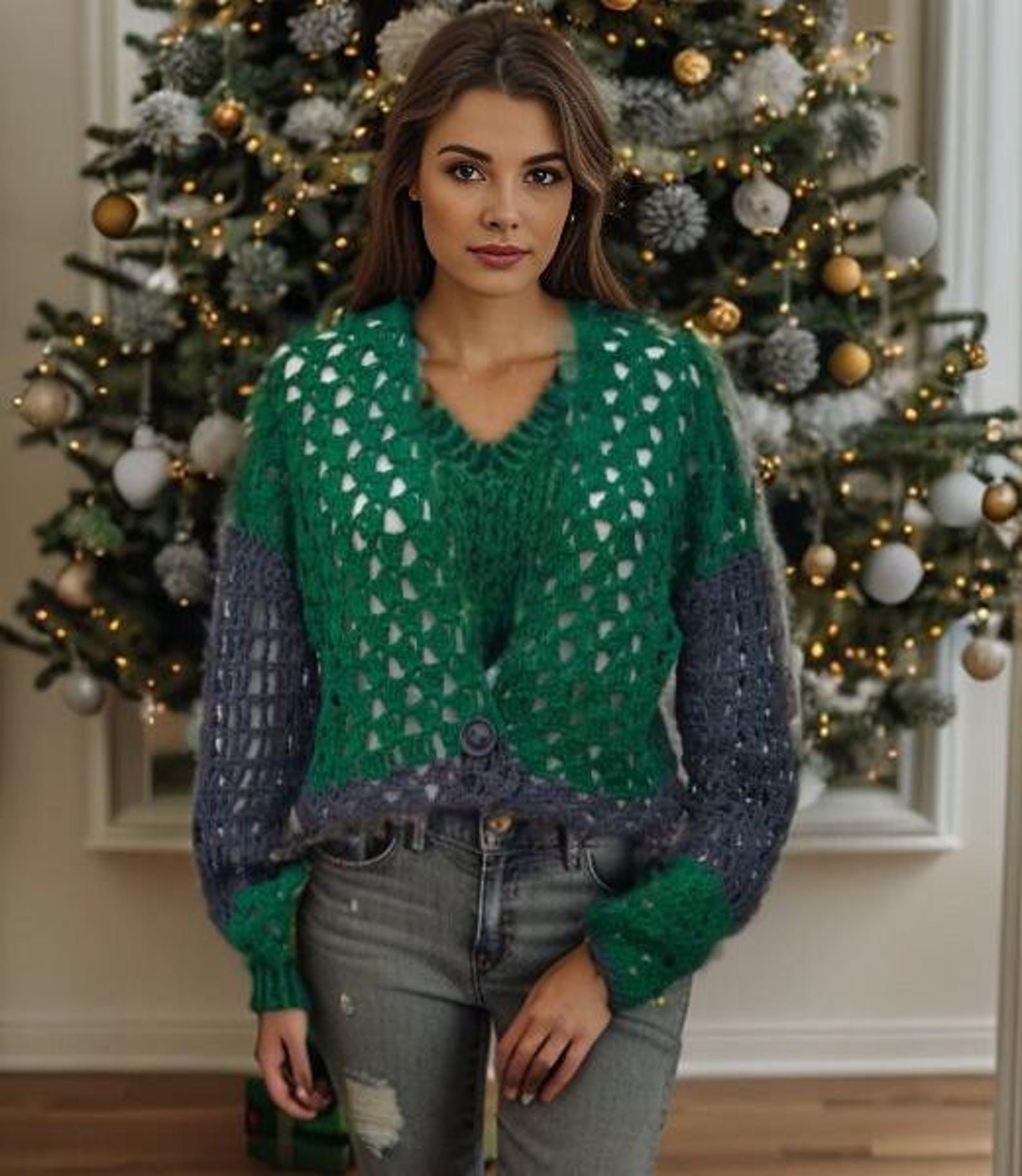 Green Handknit V Neck Cardigan, Vintage Style Sweater, Crochet Sweater ...