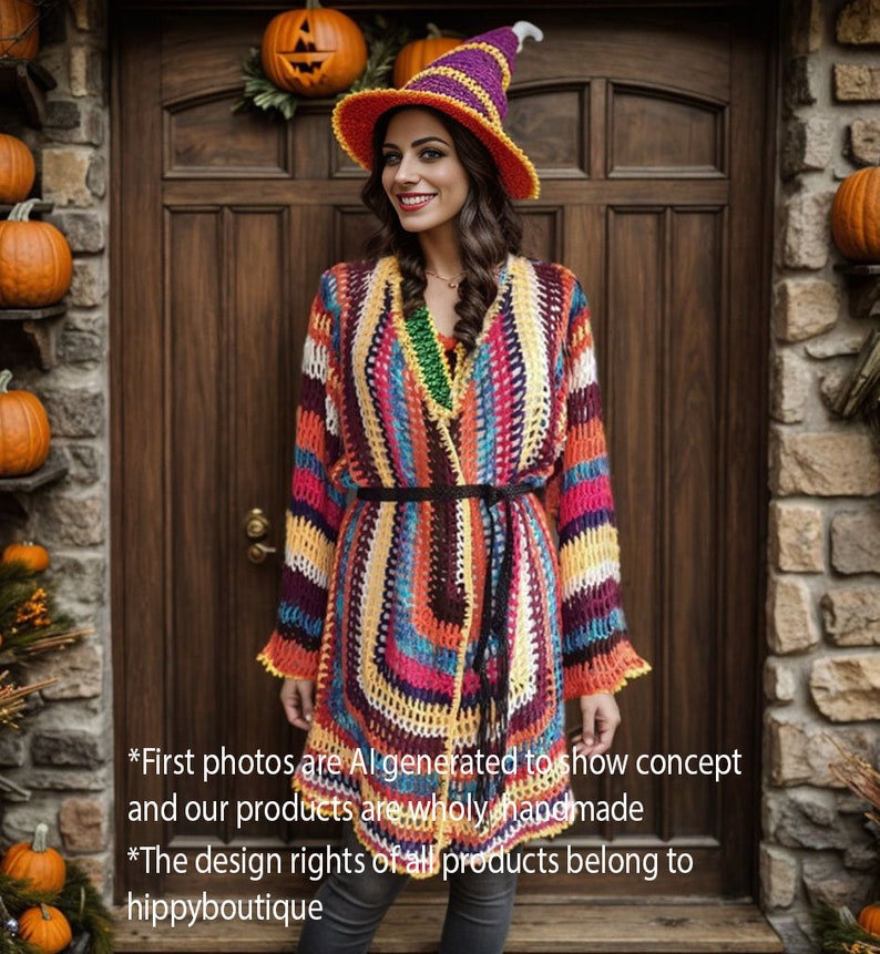 Rainbow Stiped Handknit Long Cardigan, Fall Clothes, Witch Costume ...