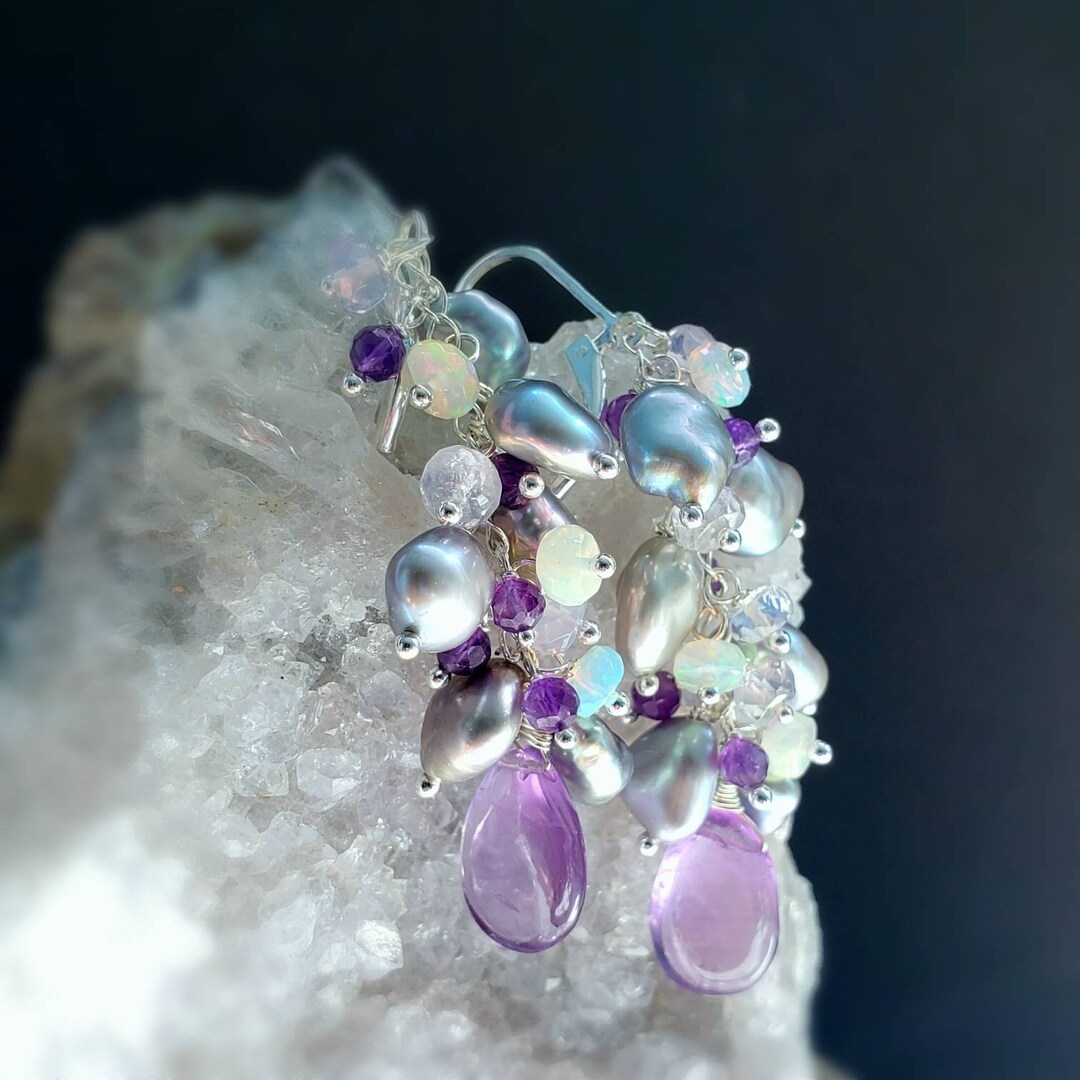 Pink Amethyst With Grey Pearls and Ethiopian Opals on Sterling Silver ...