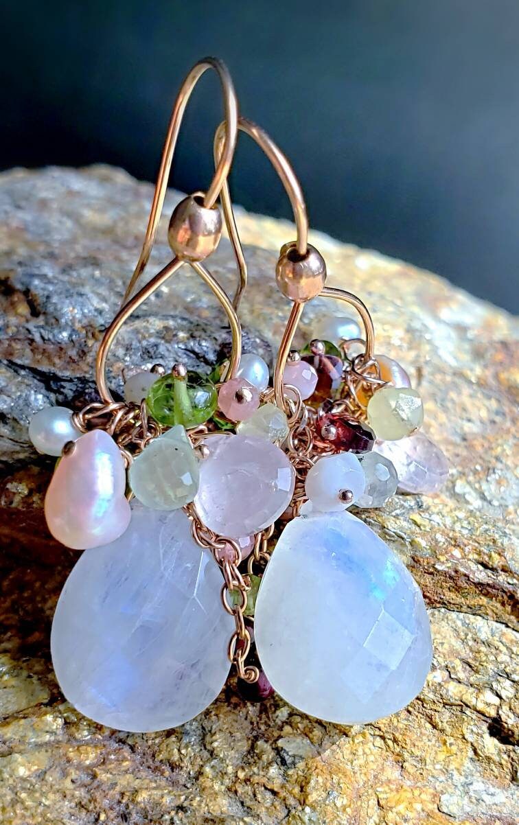 Moonstone with Garnet Rose Quartz Peridot Pink Pearls and Pink | Etsy