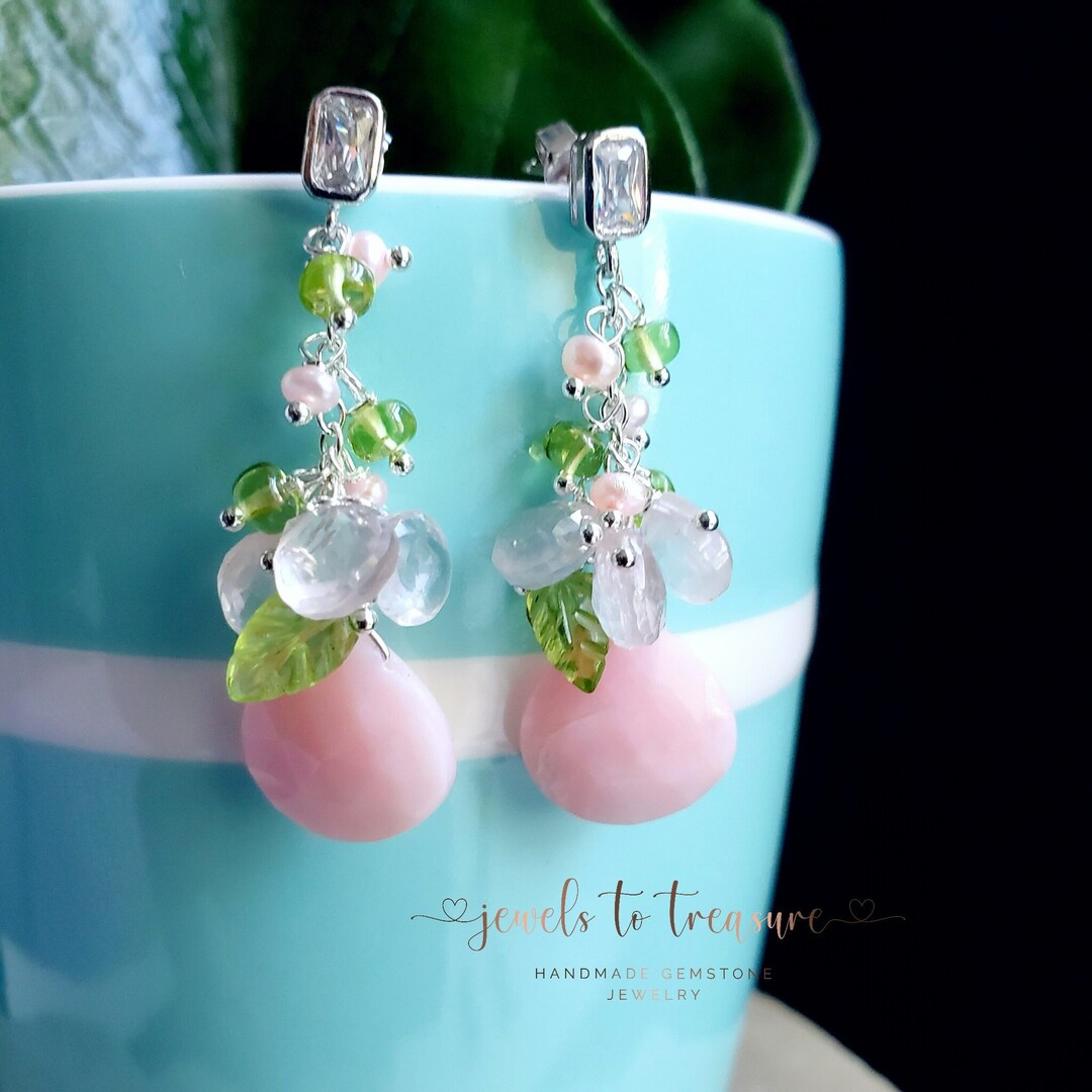 Peruvian Pink Opal With Peridot Leaf and Freshwater Pearls on Sterling ...