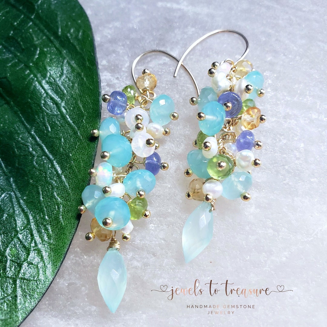 Chalcedony With Opals Peridot and Citrine Waterfall Earrings on Gold ...