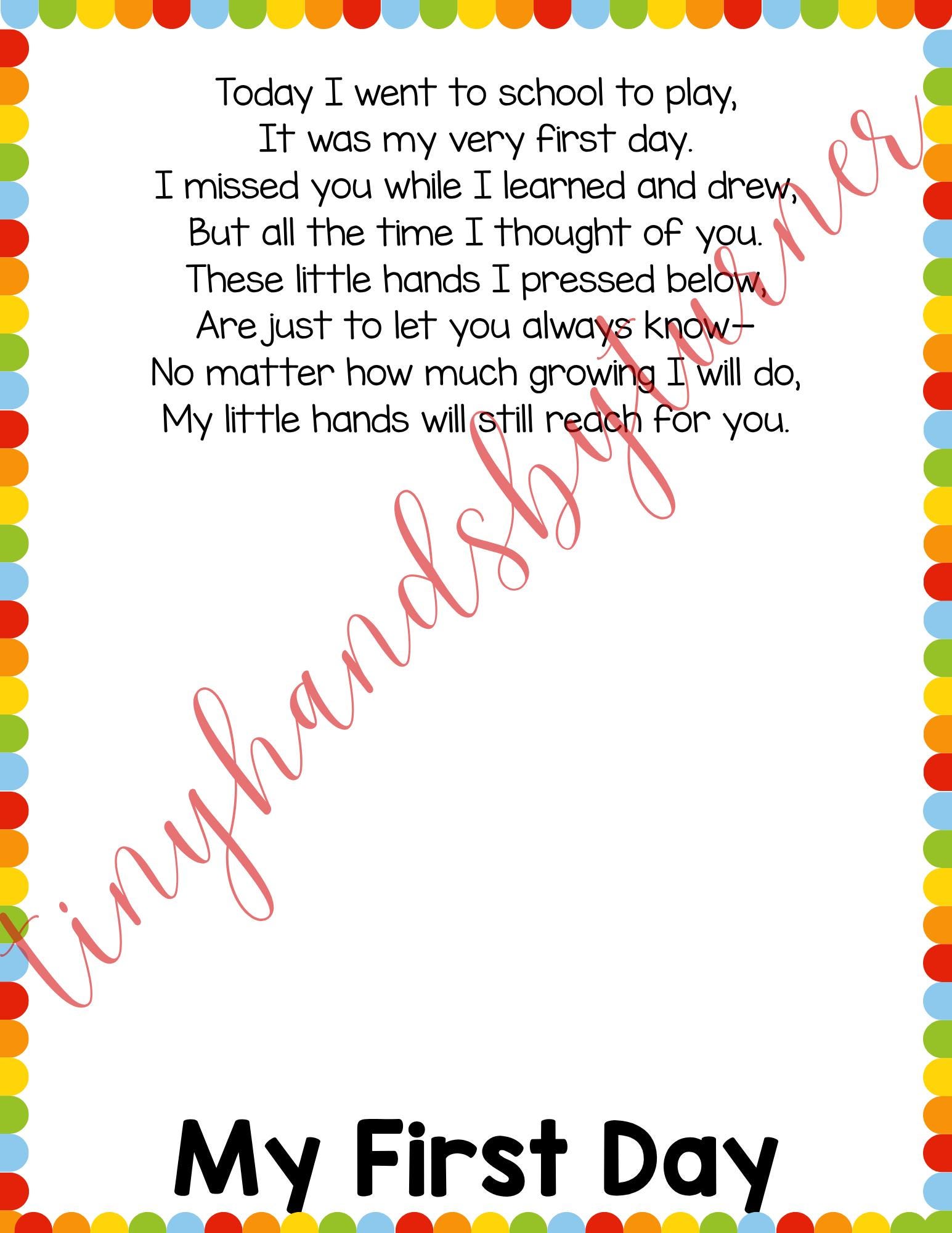 My First Day of School Handprint Poem Craft Printable | Back to School ...