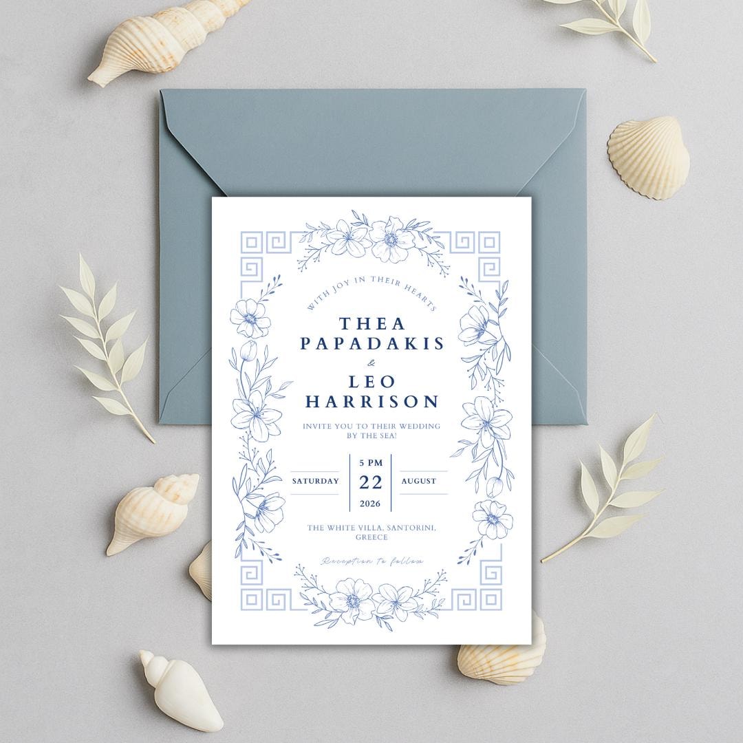 Greek Blue Floral Wedding Invitation Template | Santorini Canva ...