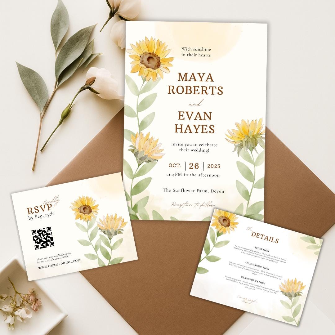 Rustic Sunflower Wedding Invitation Suite | Fall Canva Template ...