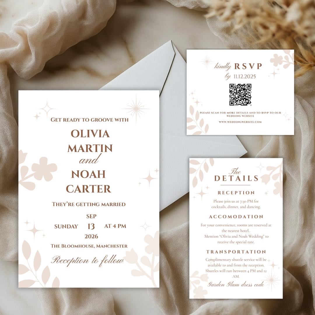 Retro Beige Wedding Invitation | Minimal Canva Template | Modern Floral ...