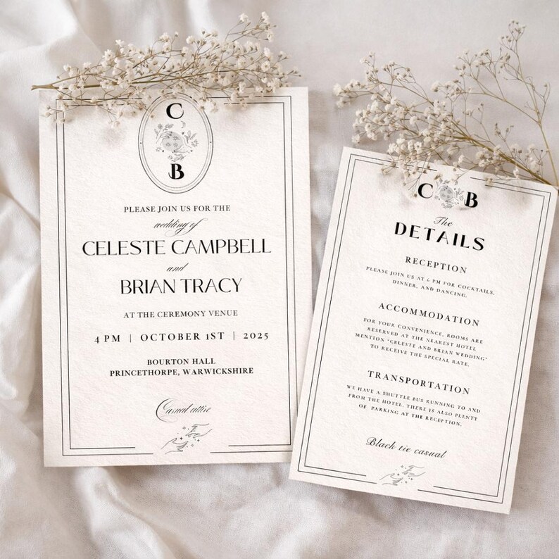 Celestial Monogram Wedding Invitation Suite | Elegant Black Tie Canva ...