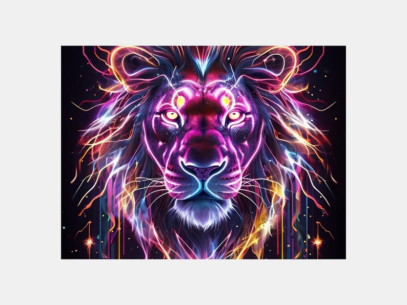 Neon Lion Wall Art | Psychedelic Animal Digital Print | Weirdcore ...