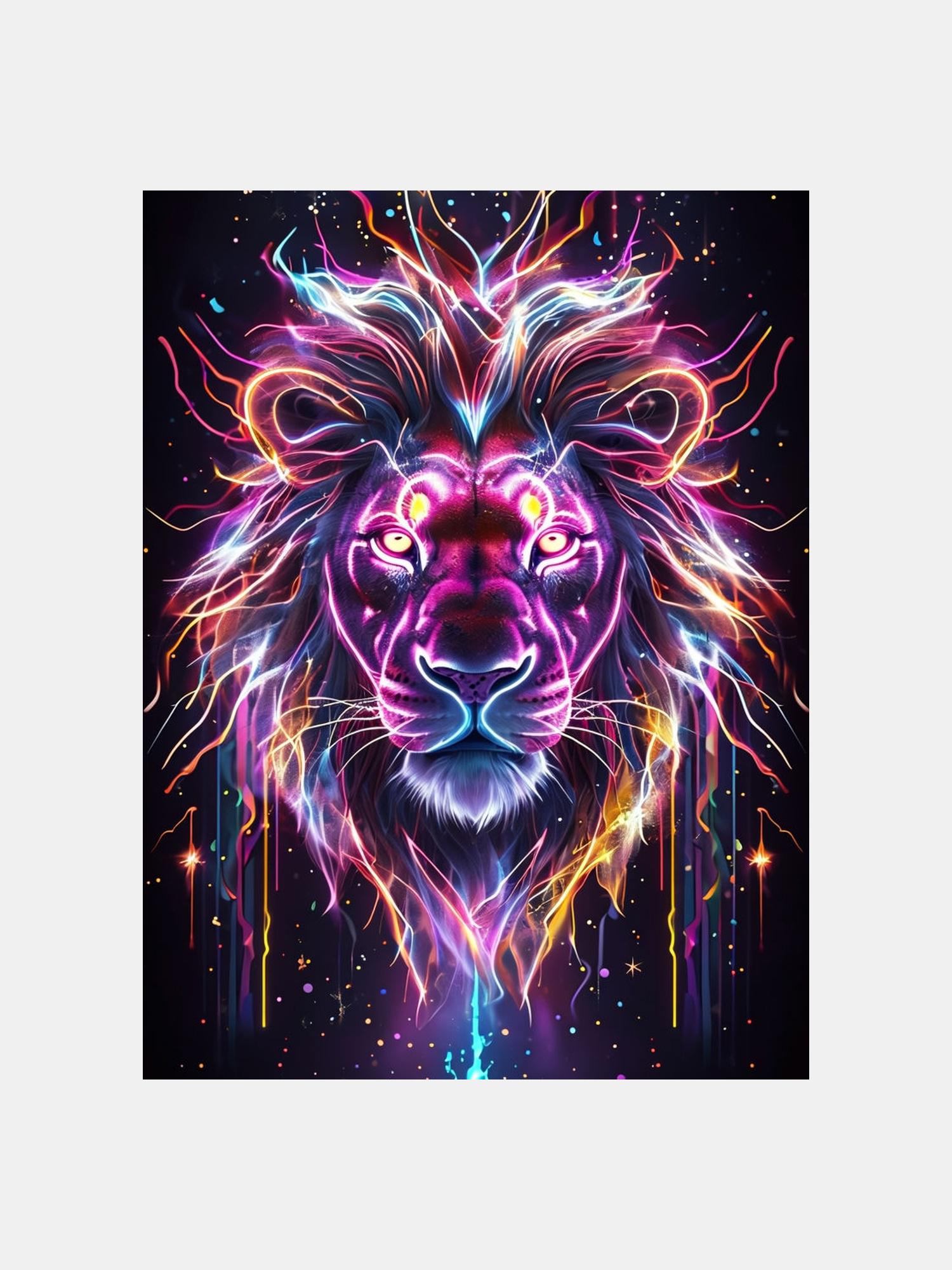 Neon Lion Wall Art | Psychedelic Animal Digital Print | Weirdcore ...