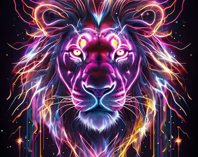 Neon Lion Wall Art | Psychedelic Animal Digital Print | Weirdcore ...
