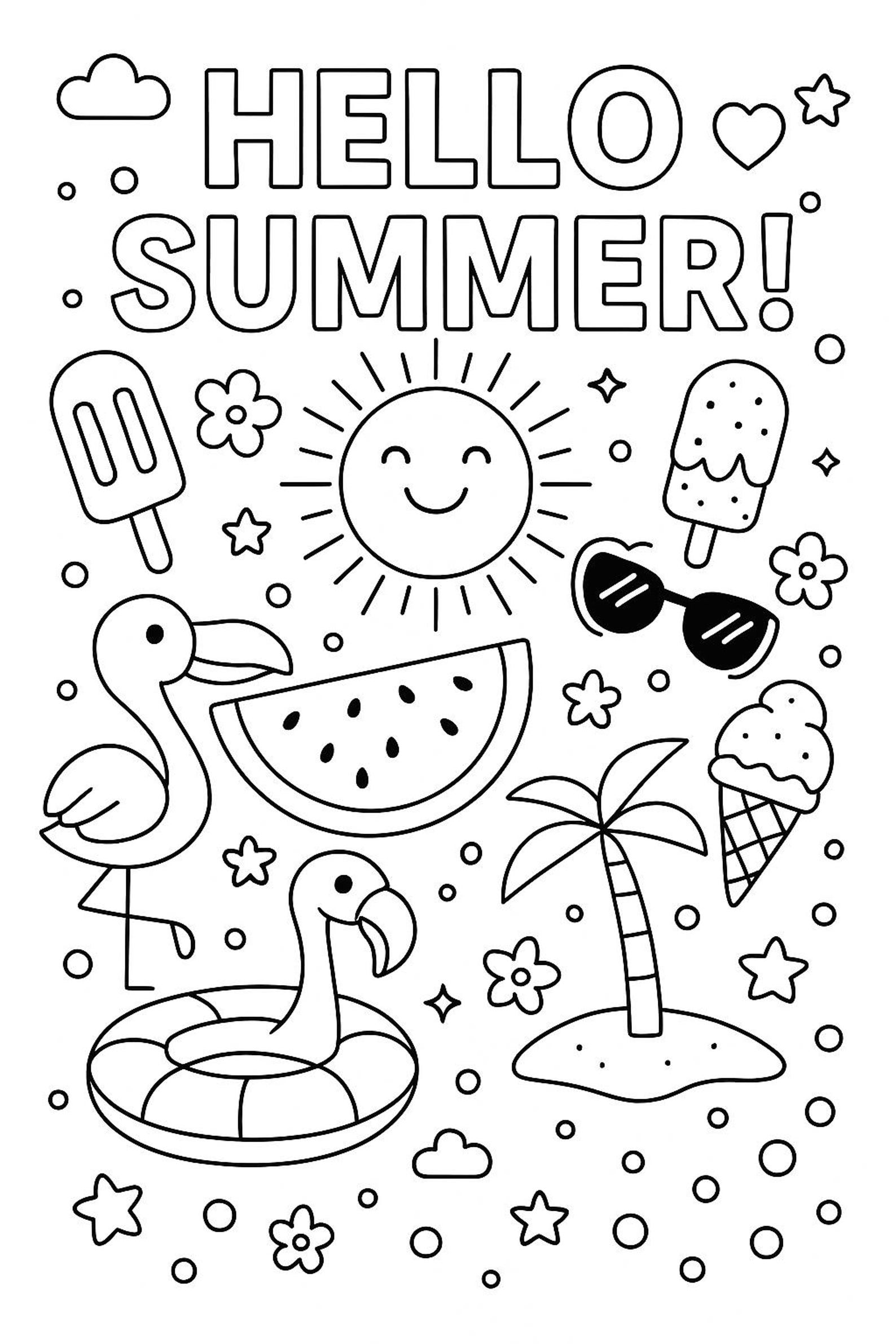 Hello Summer Coloring Page for Kids – Printable Activity Sheet, Beach ...