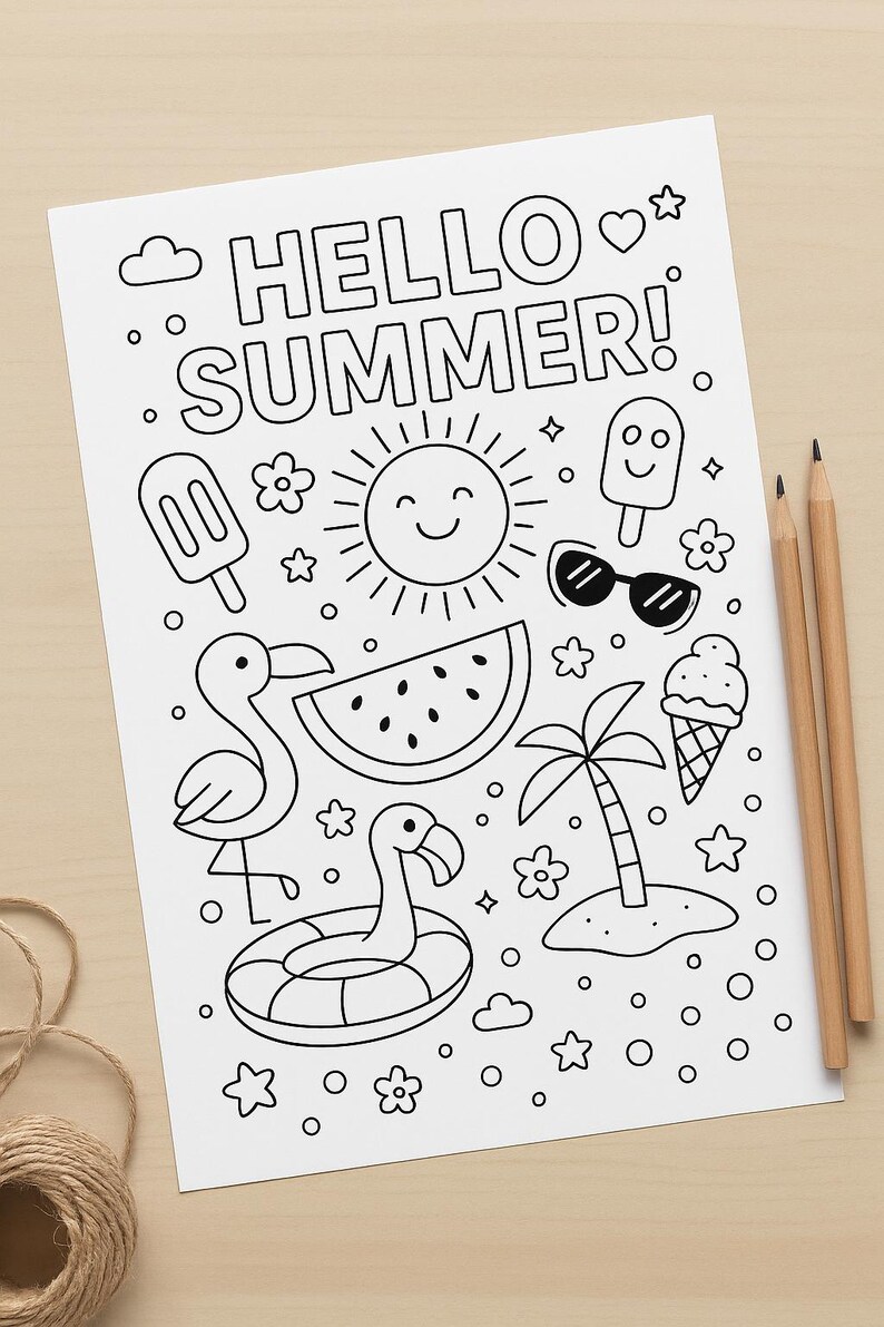 Hello Summer Coloring Page for Kids – Printable Activity Sheet, Beach ...