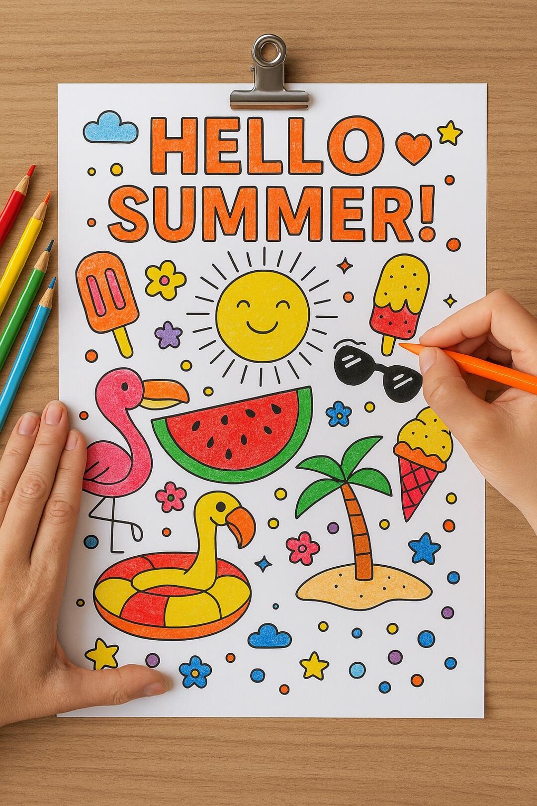 Hello Summer Coloring Page for Kids – Printable Activity Sheet, Beach ...