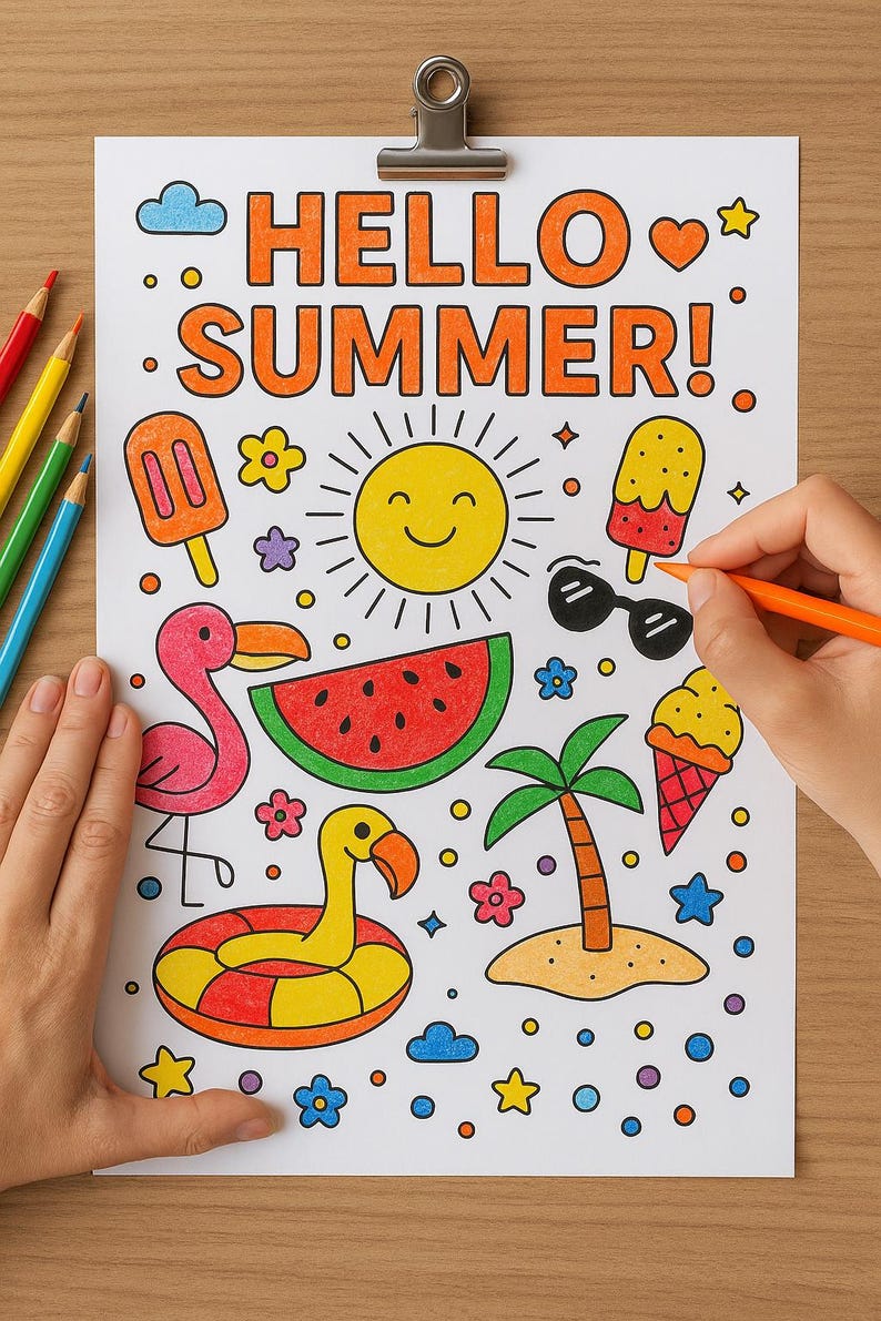 Hello Summer Coloring Page for Kids – Printable Activity Sheet, Beach ...