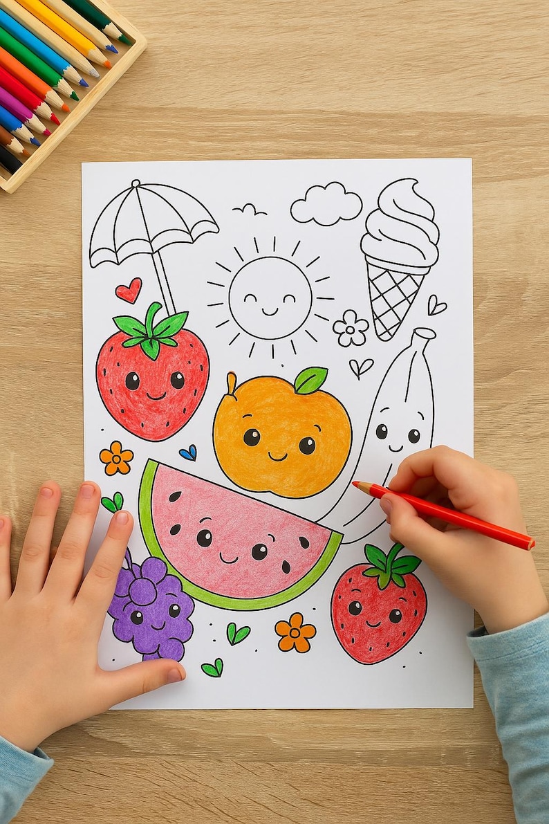 Cute Kawaii Summer Fruit Coloring Page for Kids – Printable Happy Fruit ...
