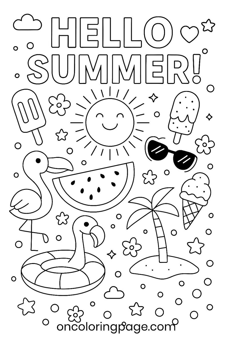 Hello Summer Coloring Page for Kids – Printable Activity Sheet, Beach ...