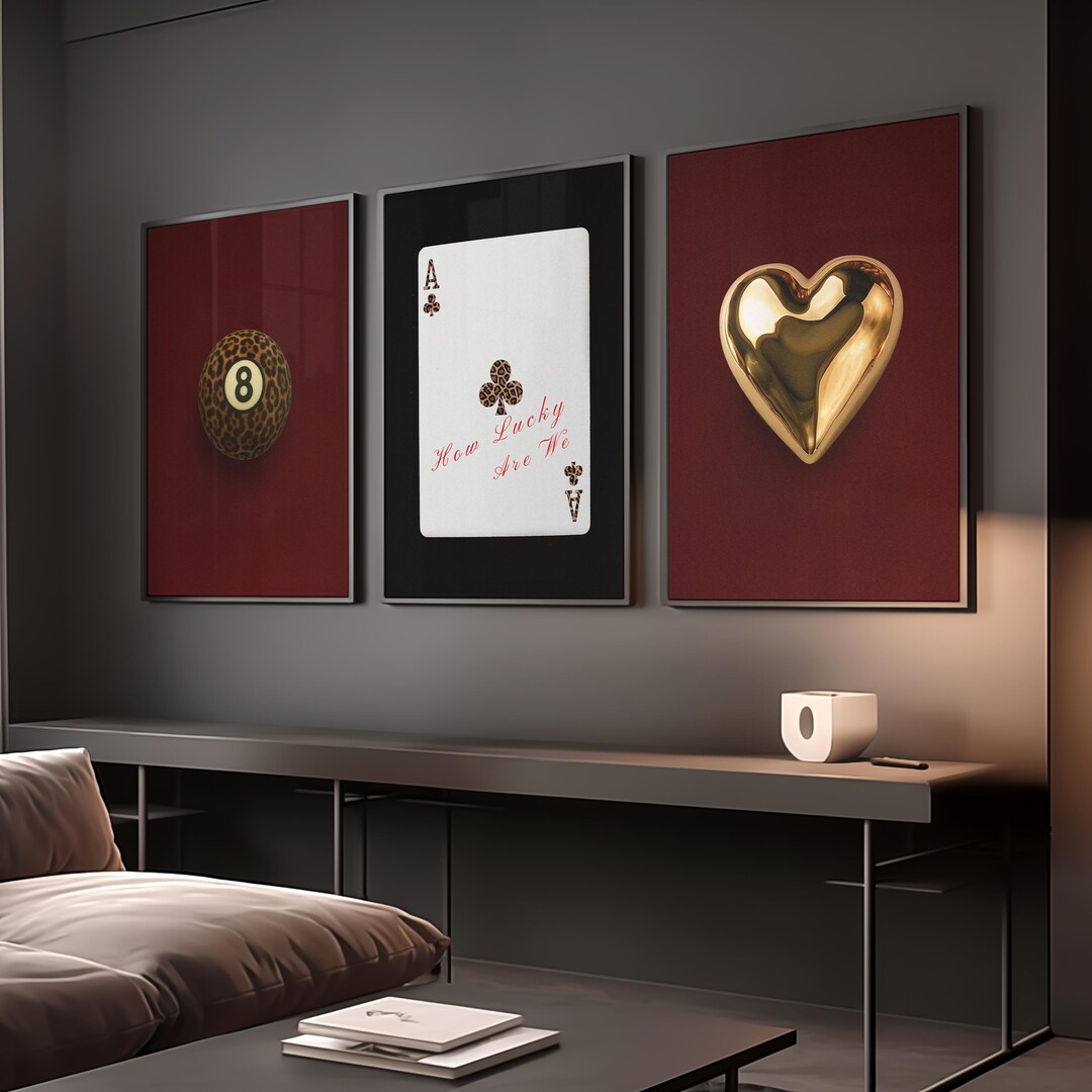Red Leopard Wall Art Set: 8 Ball, Heart, Lucky Card Prints (digital ...