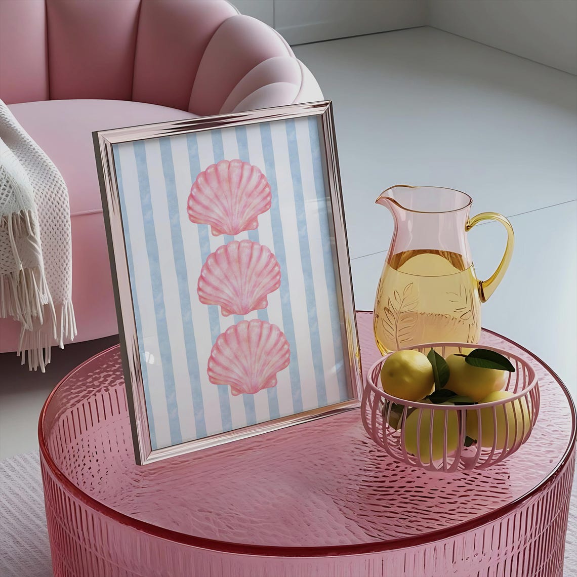 Pink and Blue Striped Shell Print, Beachy Coquette Aesthetic Download ...