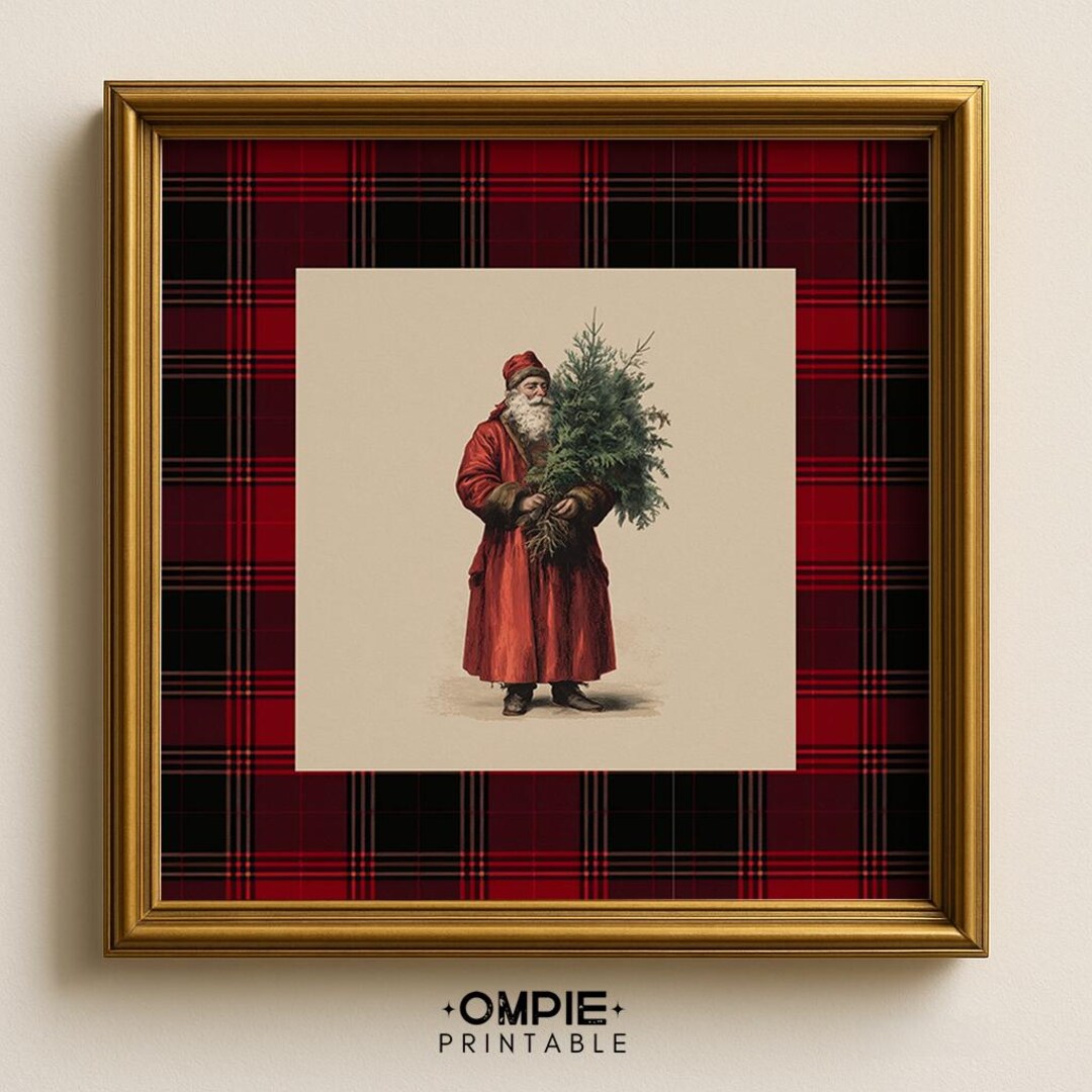 Vintage Santa Claus Square Wall Art Printable, Red Plaid Christmas ...