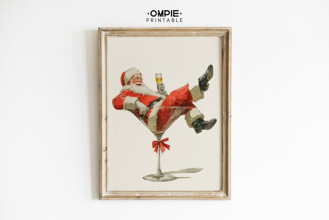 Retro Santa Cocktail Wall Art, Funny Vintage Christmas Poster, Holiday ...