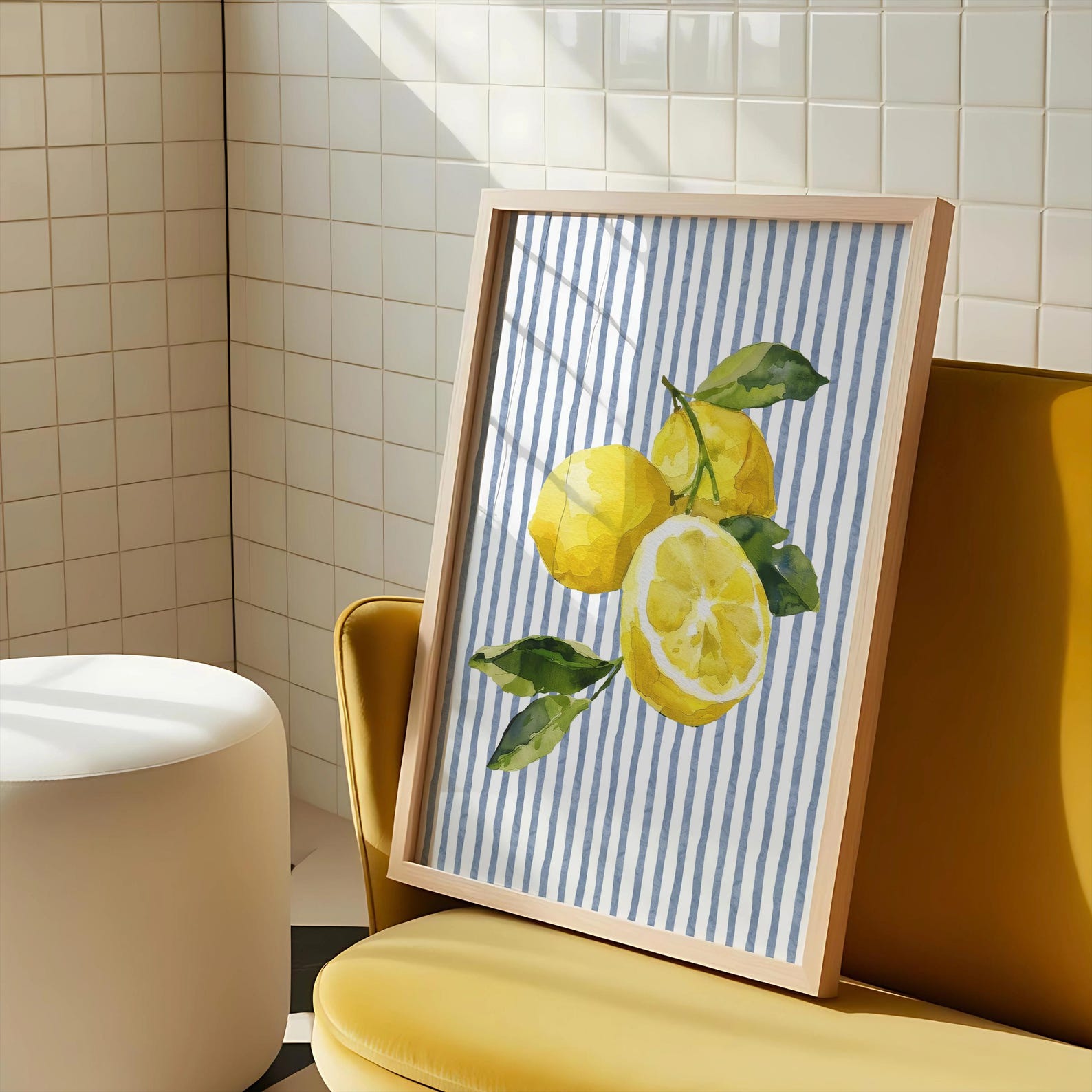 Blue Stripe Lemon Kitchen Wall Art Printable, Coastal Fruit Decor ...