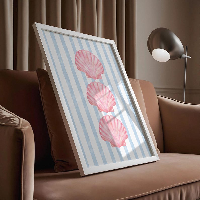Pink and Blue Striped Shell Print, Beachy Coquette Aesthetic Download ...