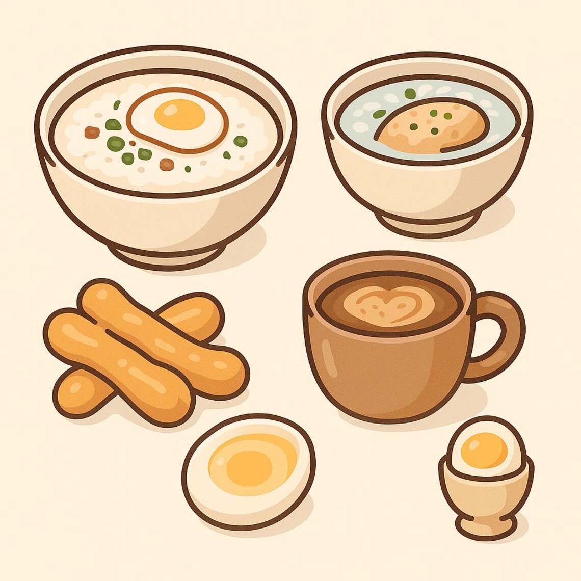 Cute Thai Breakfast Clipart Set | Kawaii Food PNG | Congee, Donut, Soy ...