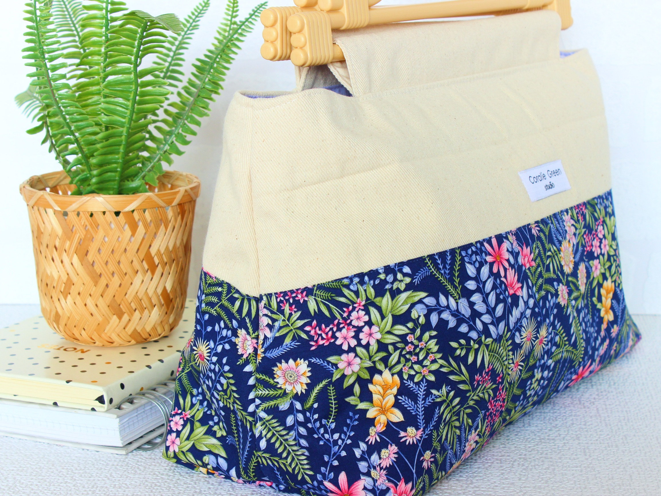 Extra Large Knitting Storage Bag, Navy Blue Floral Knitting Organiser ...